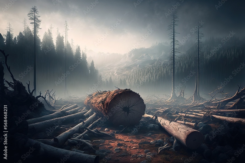 Deforestation in the mountains forest landscape. horror brunt down ...