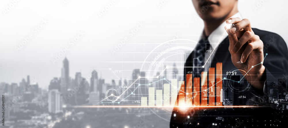 Businessman analyst working with digital finance business data graph ...