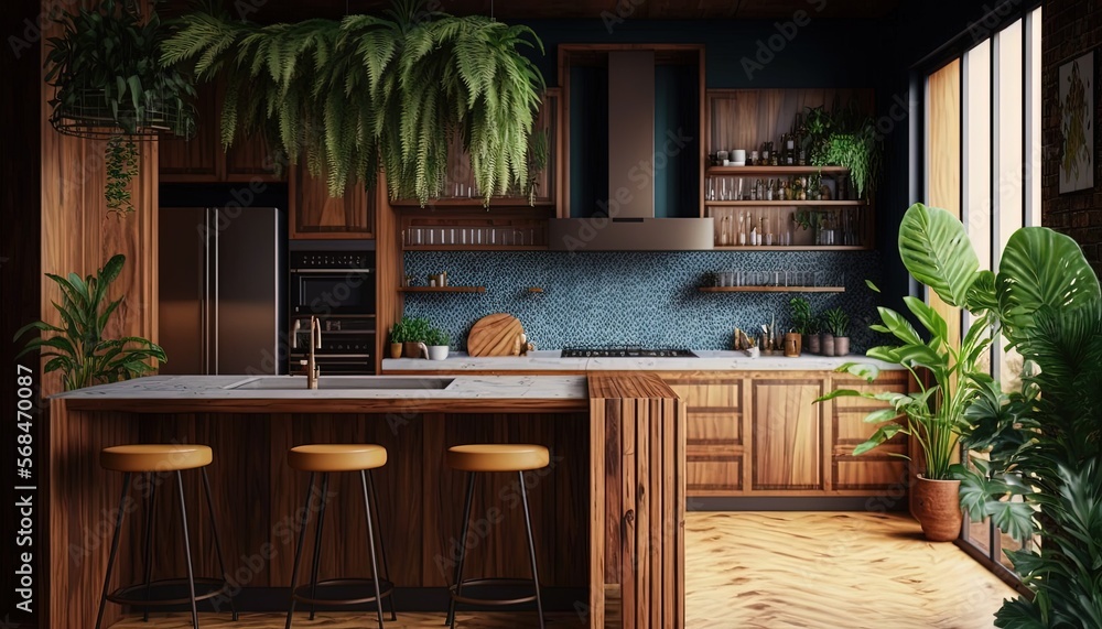 Modern kitchen interior made of natural wooden materials with tropical ...