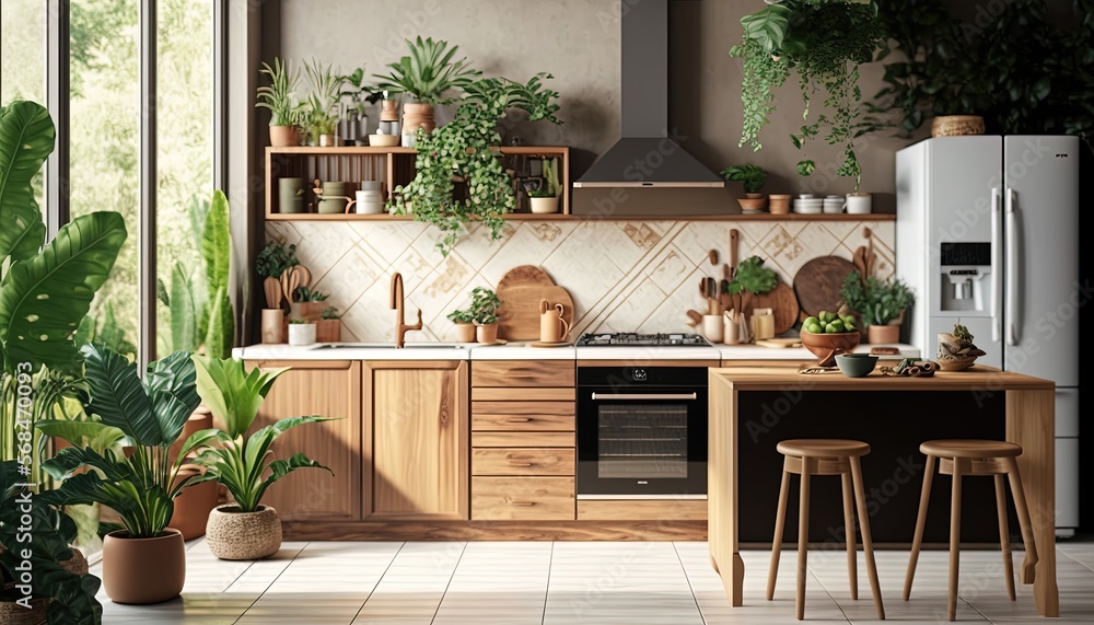 Modern kitchen interior made of natural wooden materials with tropical ...