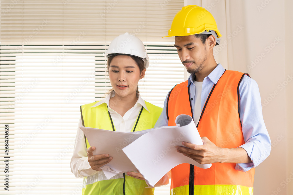 Team architect, colleague builder home, two worker asian wearing safety ...