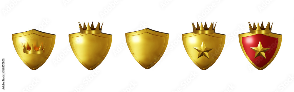3D golden shield set, realistic level up game badge, metal render ...
