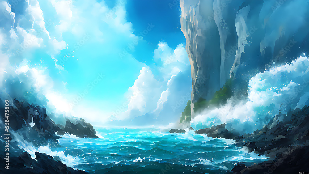 Waves crashing on a rock cliff with mountains in the distance on a ...