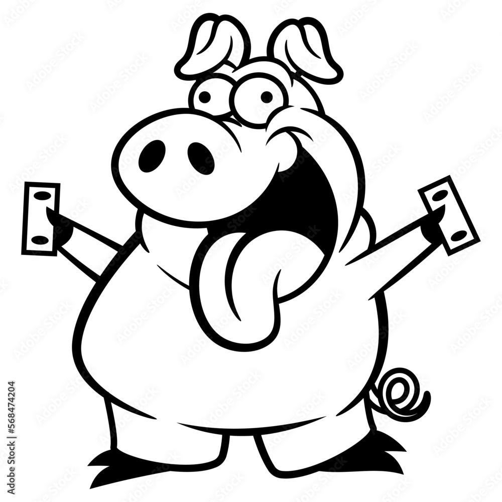 Cartoon illustration of Funny Pig showing a money. Best for outline ...