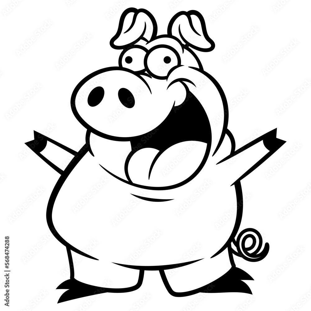 Cartoon illustration of Funny Pig greeting and smile. Best for outline ...