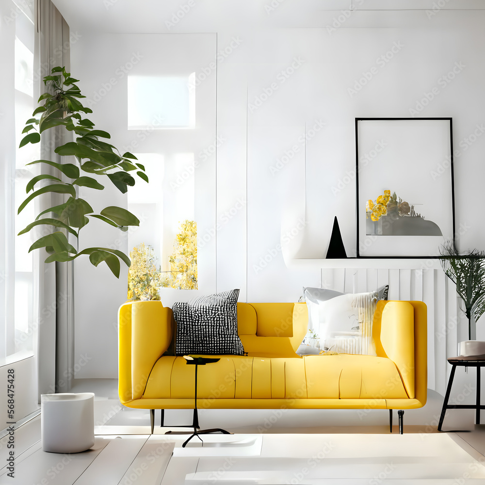 Cozy modern living room interior with yellow sofa and decoration room ...