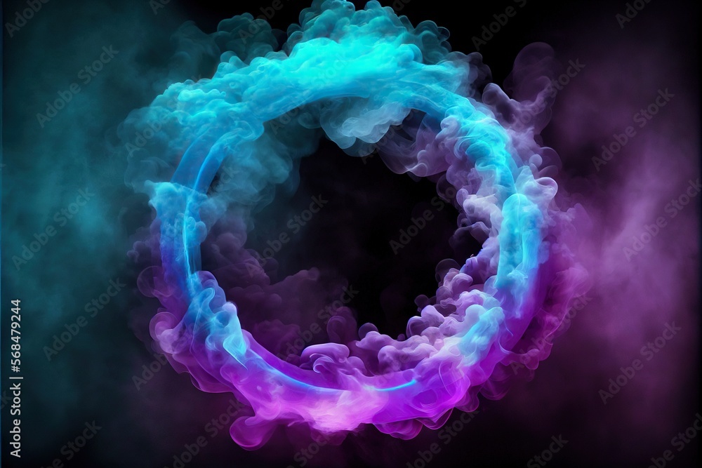 Generative AI illustration of neon smoke exploding outwards with empty center. Dramatic smoke or ...
