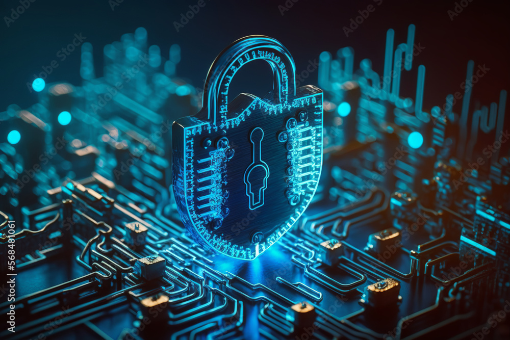 Cyber Security Concept And Digital Data Protection With A Locker In A Blue Background Created