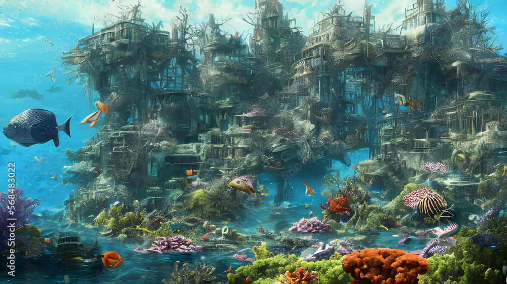 illustration of destroyed nature, underwater view of sunken ...