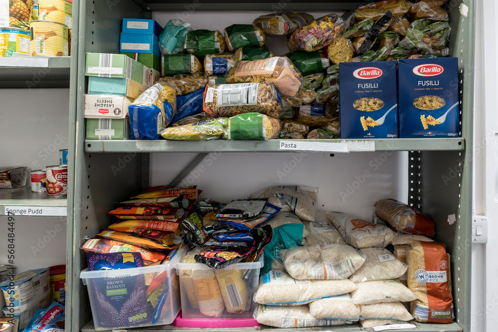 Storage shelves in a Trussell Trust local church food bank warehouse ...