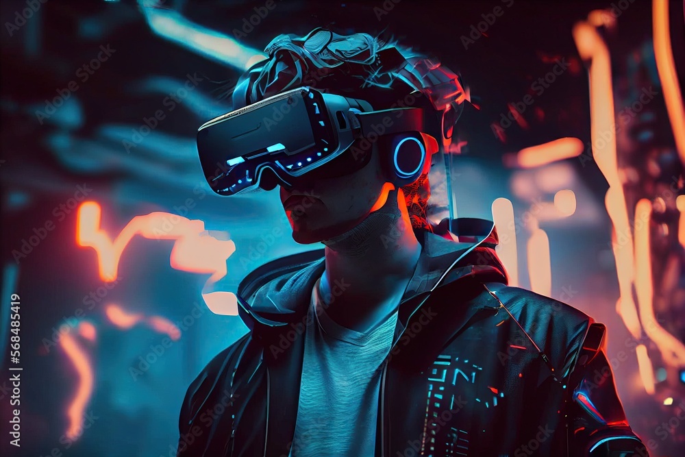 Generative AI illustration of man with virtual reality VR goggle ...