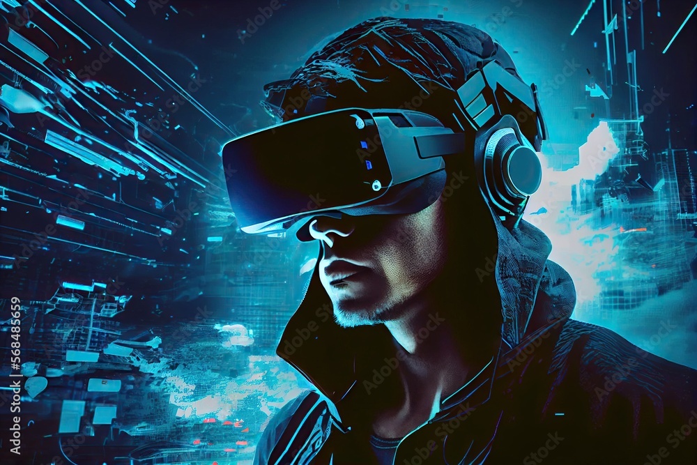 Generative AI illustration of man with virtual reality VR goggle ...