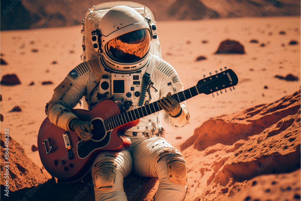 Astronaut playing guitar on alien planet, practicing music, lifestyle ...