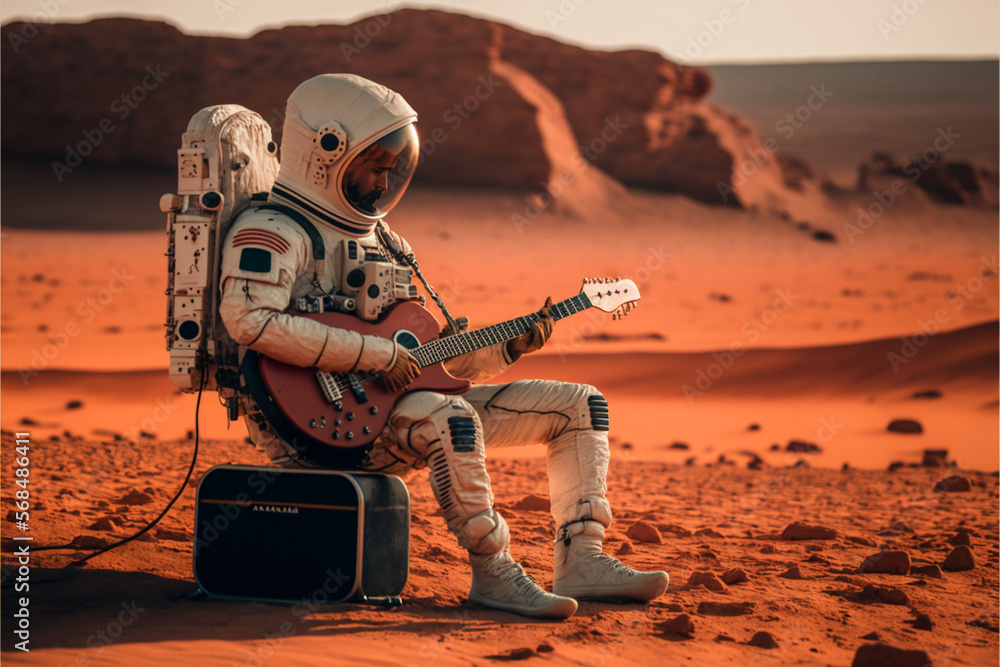 Astronaut playing guitar on alien planet, practicing music, lifestyle ...