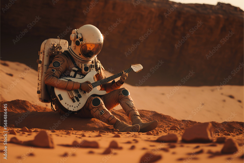 Astronaut playing guitar on alien planet, practicing music, lifestyle ...