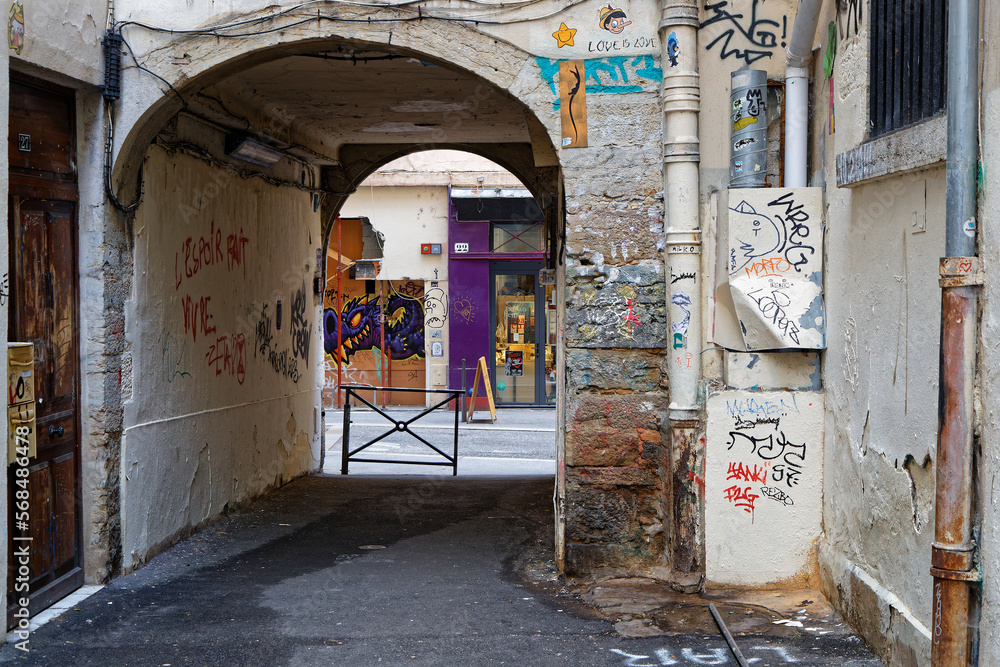 LYON, FRANCE, February 4, 2023 : Famous traboule in Croix-Rousse ...