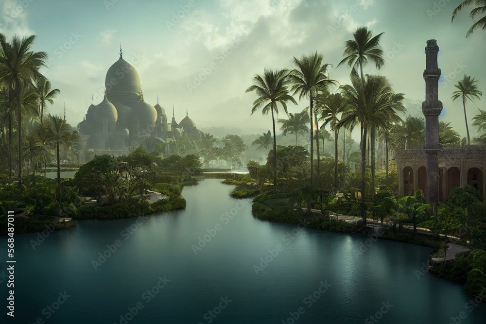 Fantasy cityscape exterior featuring Indoislamic architecture with ...