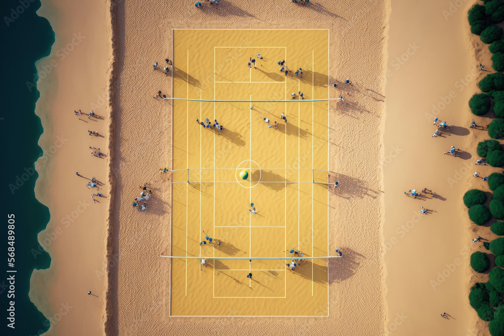Aerial image of volleyball players. during a match, a top view of the ...