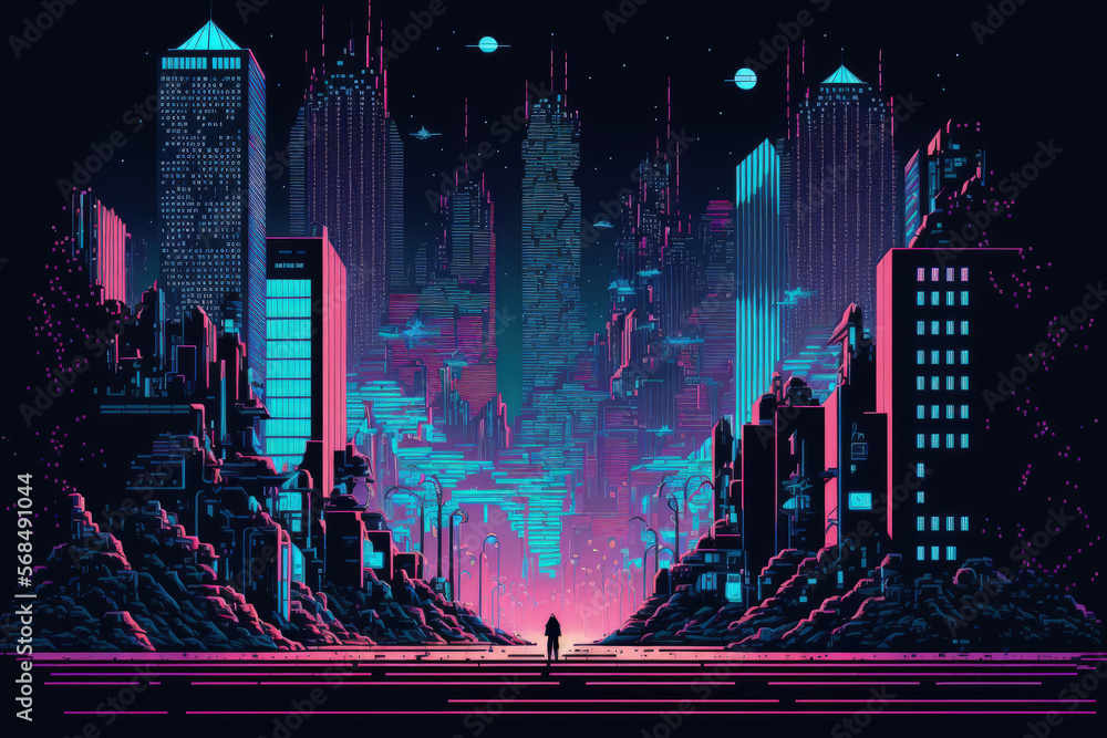 Night In A Cyberpunk City Composition Of Retro Futuristic Pixel Art Future Urban Landscape In