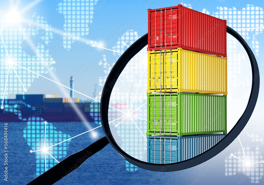 Sea containers under magnifying glass. World map in front of container ...