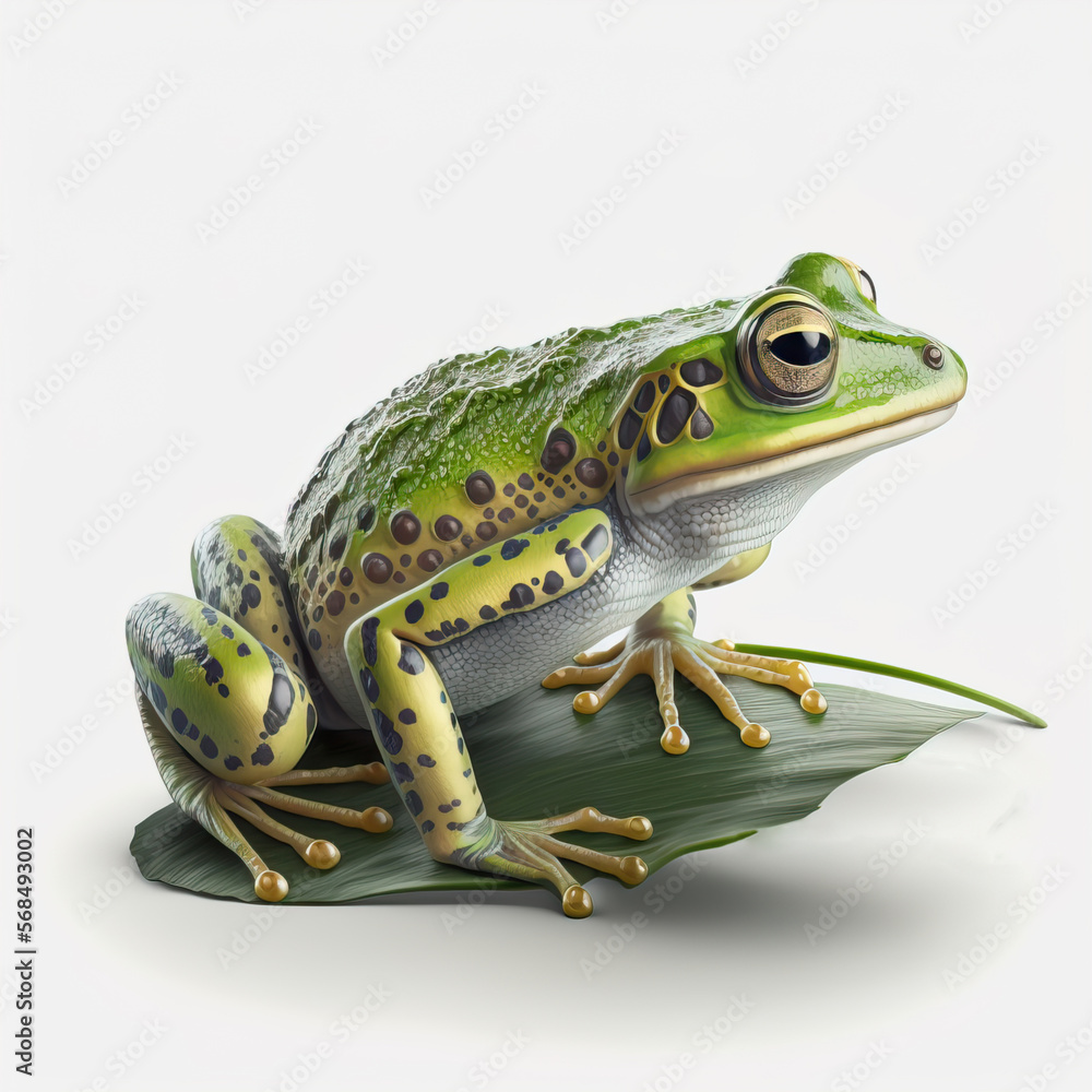 Frog sitting on a lily pad leaf isolated. 3d render frog on white ...