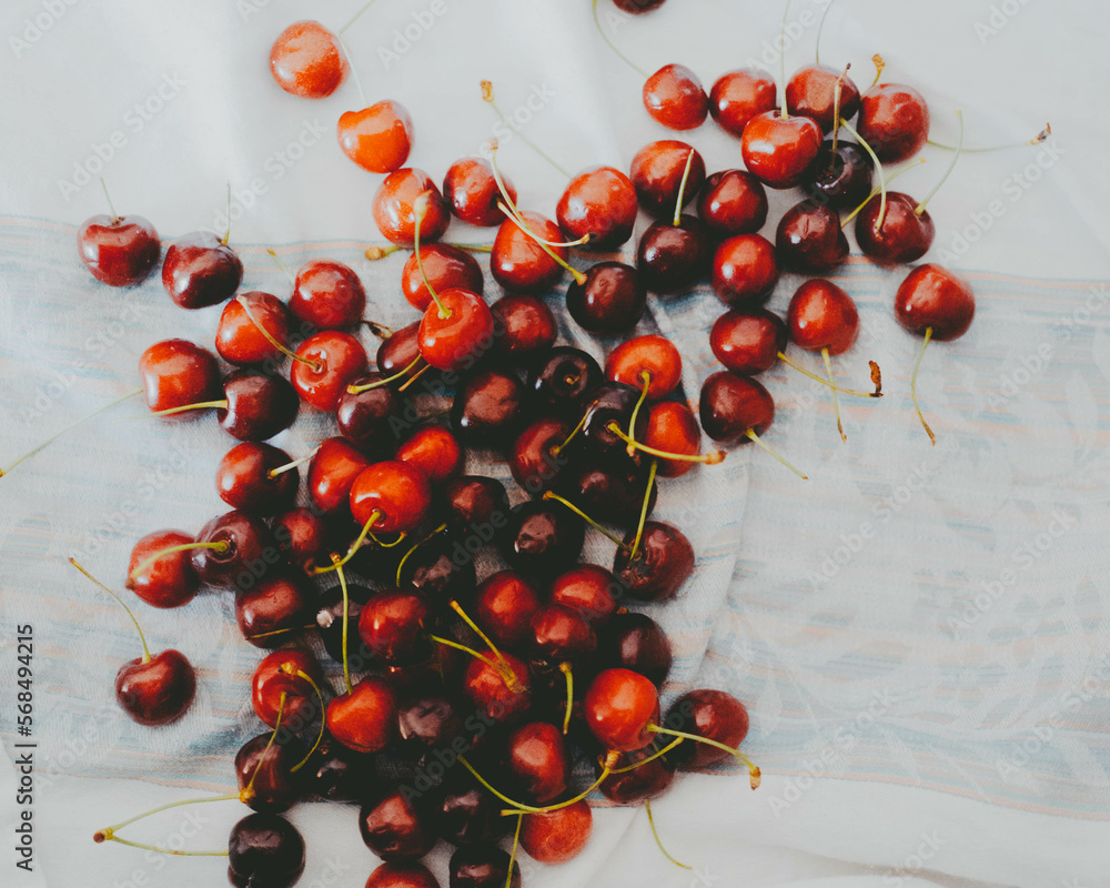 A still life of juicy red cherries basks in the warm glow of natural ...