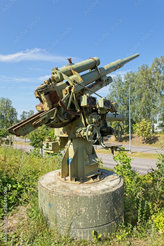 WW2 anti-aircraft gun memorial at Hyrylä in clear weather in summer ...