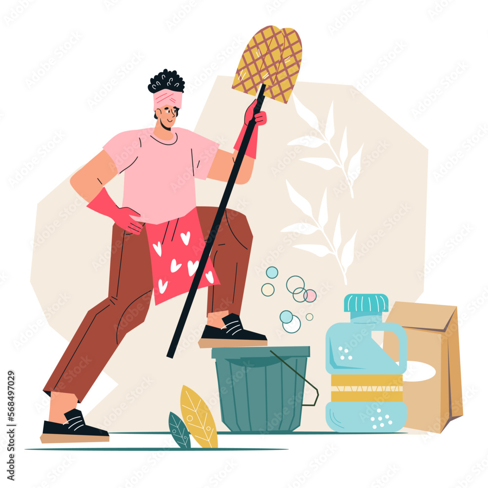 Woman with mop and housekeeping detergents ready for household chores ...