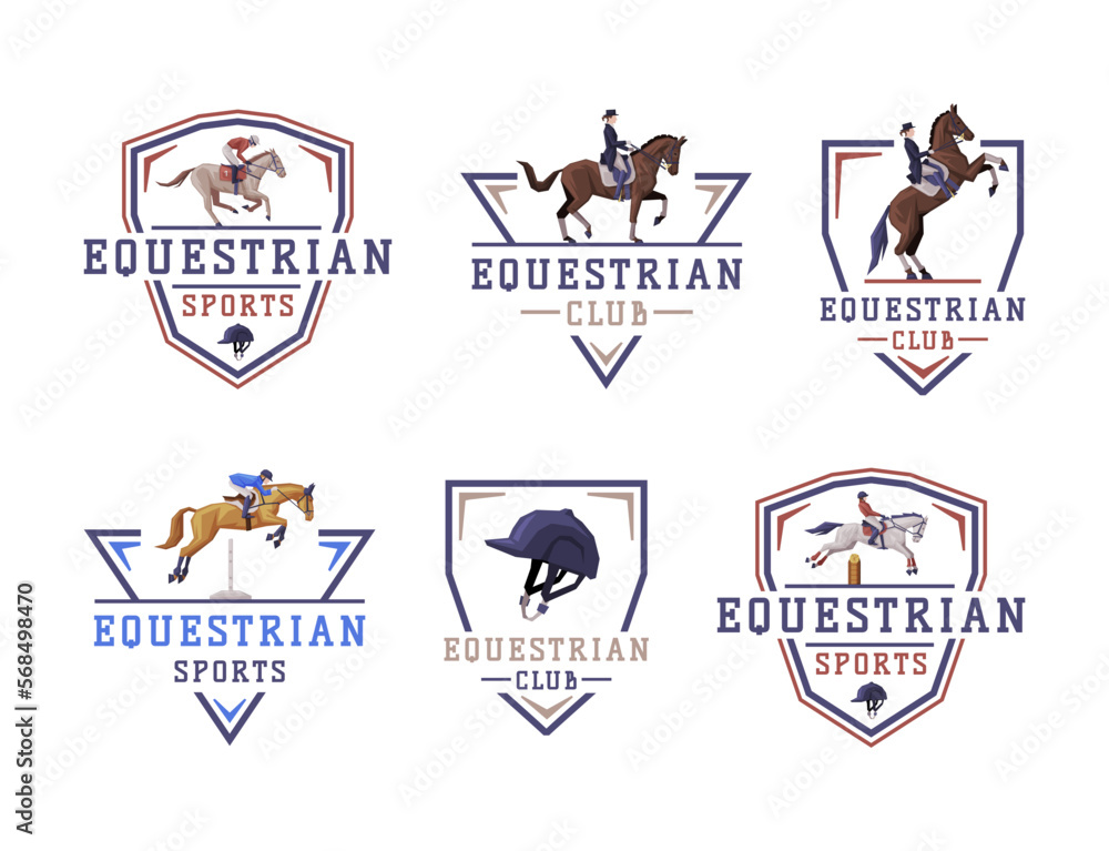 Equestrian Club Logo and Emblem with Jockey on Horseback Vector Set ...
