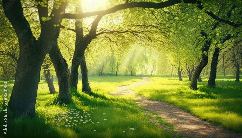 Beautiful spring background. View of natural park with a green lawn ...