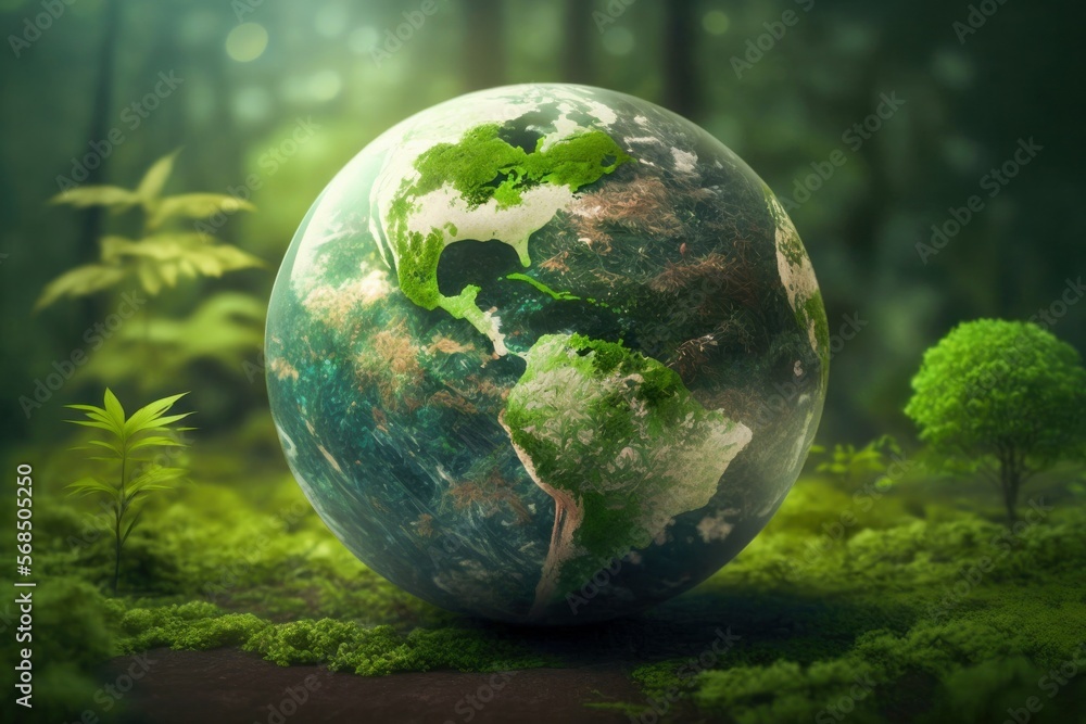 Green Oasis . Stylized earth globe with a green forest background. The ...