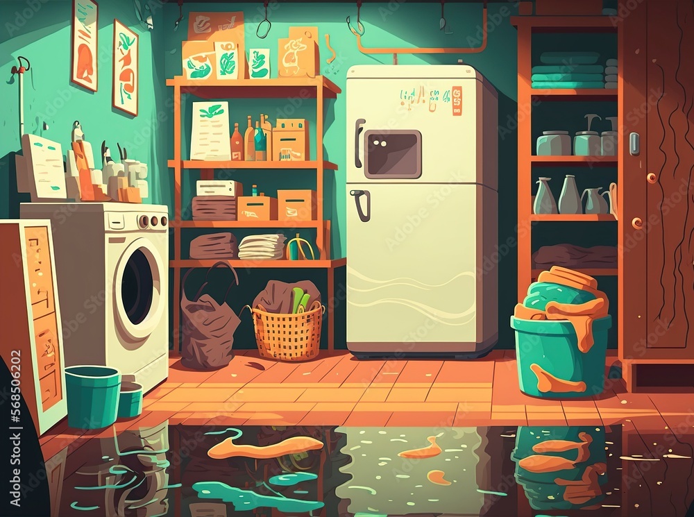 cartoon illustration, basement flooded clothes, home water leak, ai ...