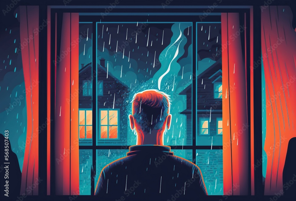 cartoon illustration, a man looking at the rain from the window and the ...