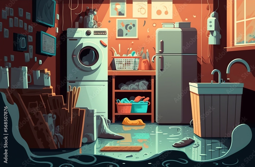cartoon illustration, basement flooded clothes, home water leak, ai ...