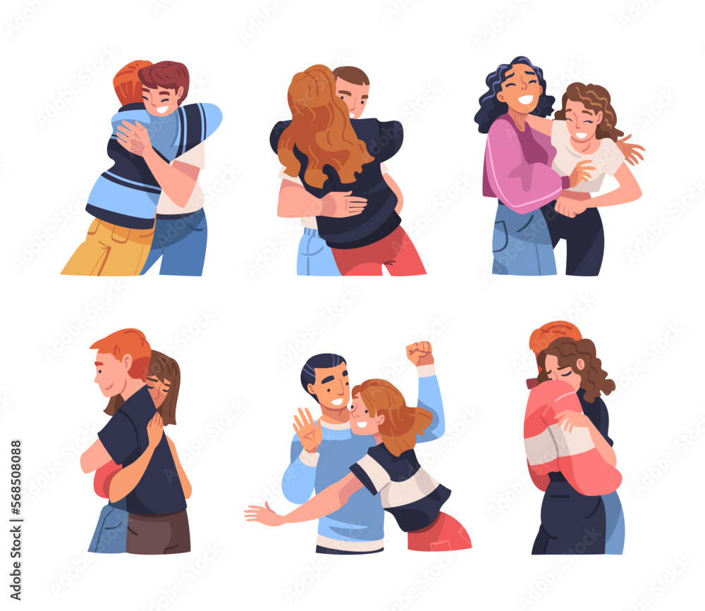 People Character Hugging and Embracing Each Other Expressing Friendly ...