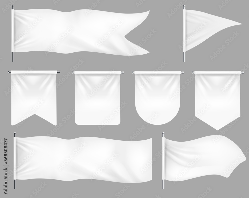 Realistic banner flags. 3D white blank textile signs and waving fabric ...