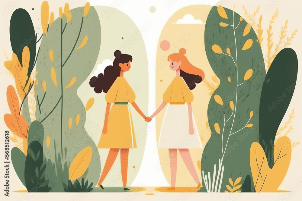 Female Friendship Cartoon Vector, Cute Girl Characters Illustration ...