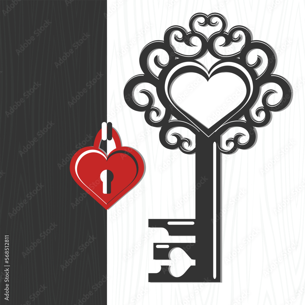 Key and heart shaped lock. Black and white conceptual valentine ...