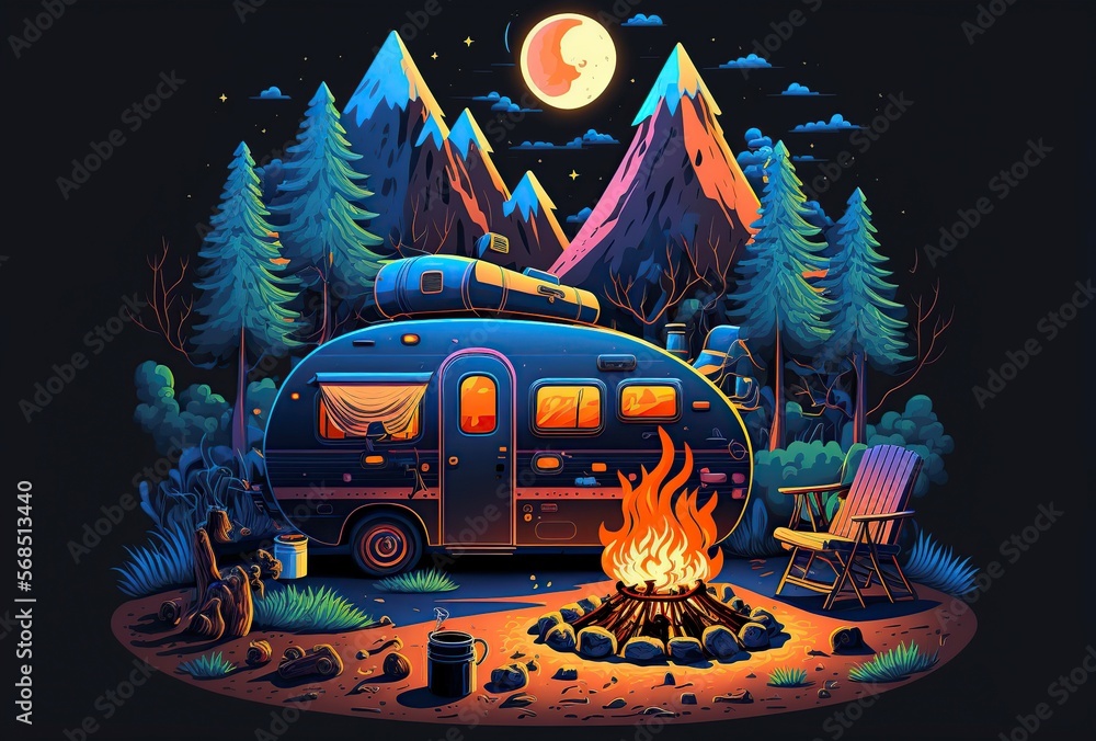 cartoon illustration, caravan camping at night, ai generative Stock ...