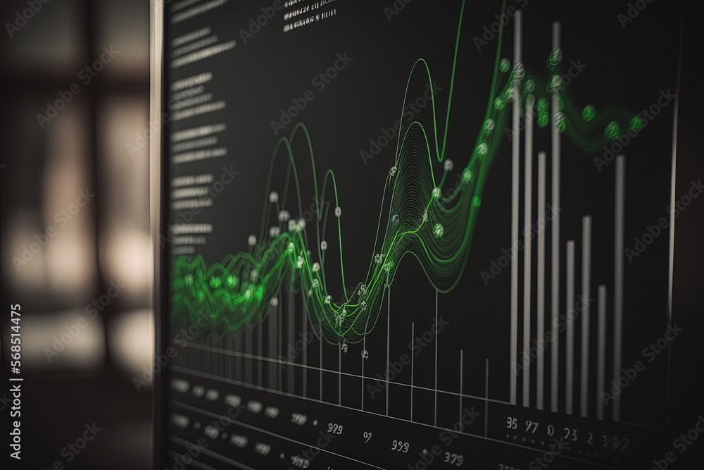 Green analysis Digital analytics data visualization, financial schedule, monitor screen in ...