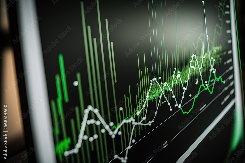 Green analysis Digital analytics data visualization, financial schedule, monitor screen in ...