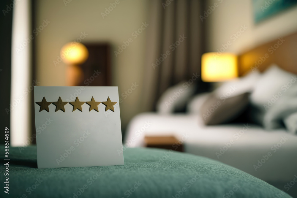 Five star rating with copyspace, in background a blurry luxury, hotel ...