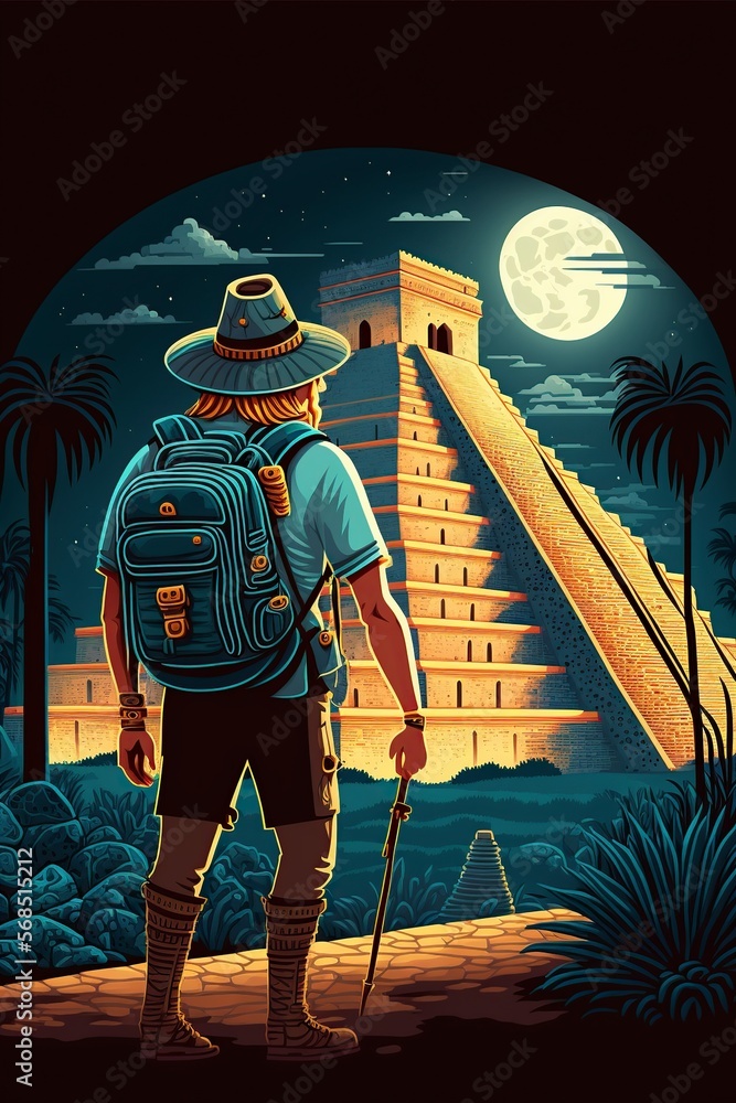 cartoon illustration, traveler in the night aztec city with pyramids ...