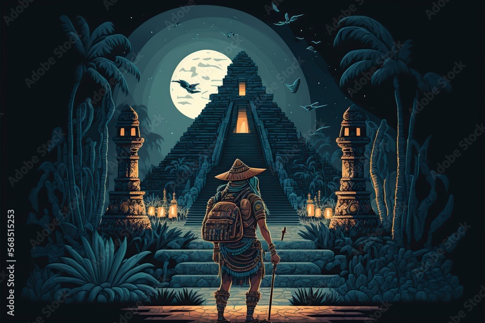 cartoon illustration, traveler in the night aztec city with pyramids ...