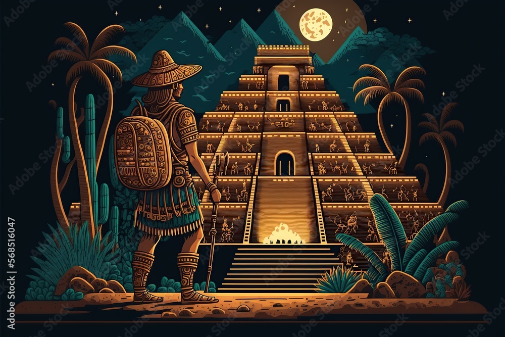 cartoon illustration, traveler in the night aztec city with pyramids ...
