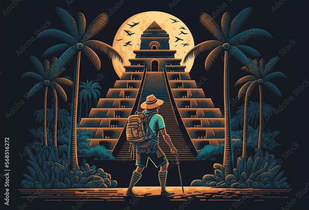cartoon illustration, traveler in the night aztec city with pyramids ...