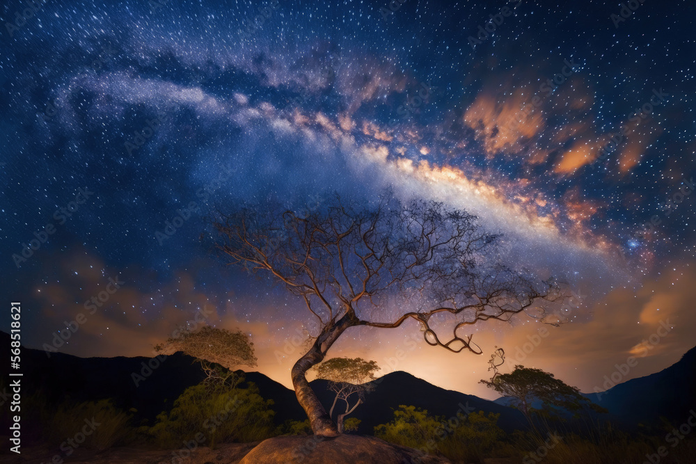 At the phu hin rong kla national park, a shadow of a tree and the Milky ...