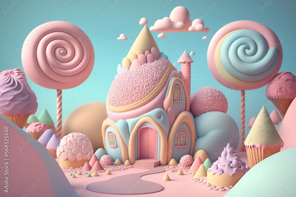 Candyland Houses made from Marshmallow and sweets. 3D Render, Generative Ai. Stock Illustration ...
