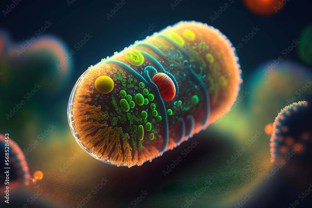 Realistic large cell inside the body among many bacteria enlarged under ...