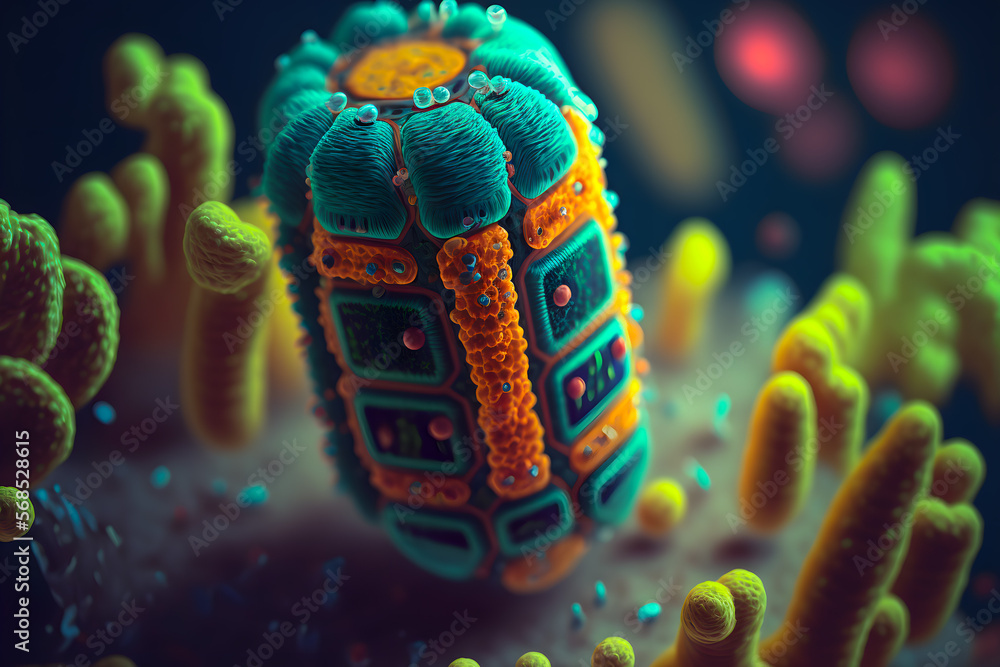 Realistic Large Cell Inside The Body Among Many Bacteria Enlarged Under